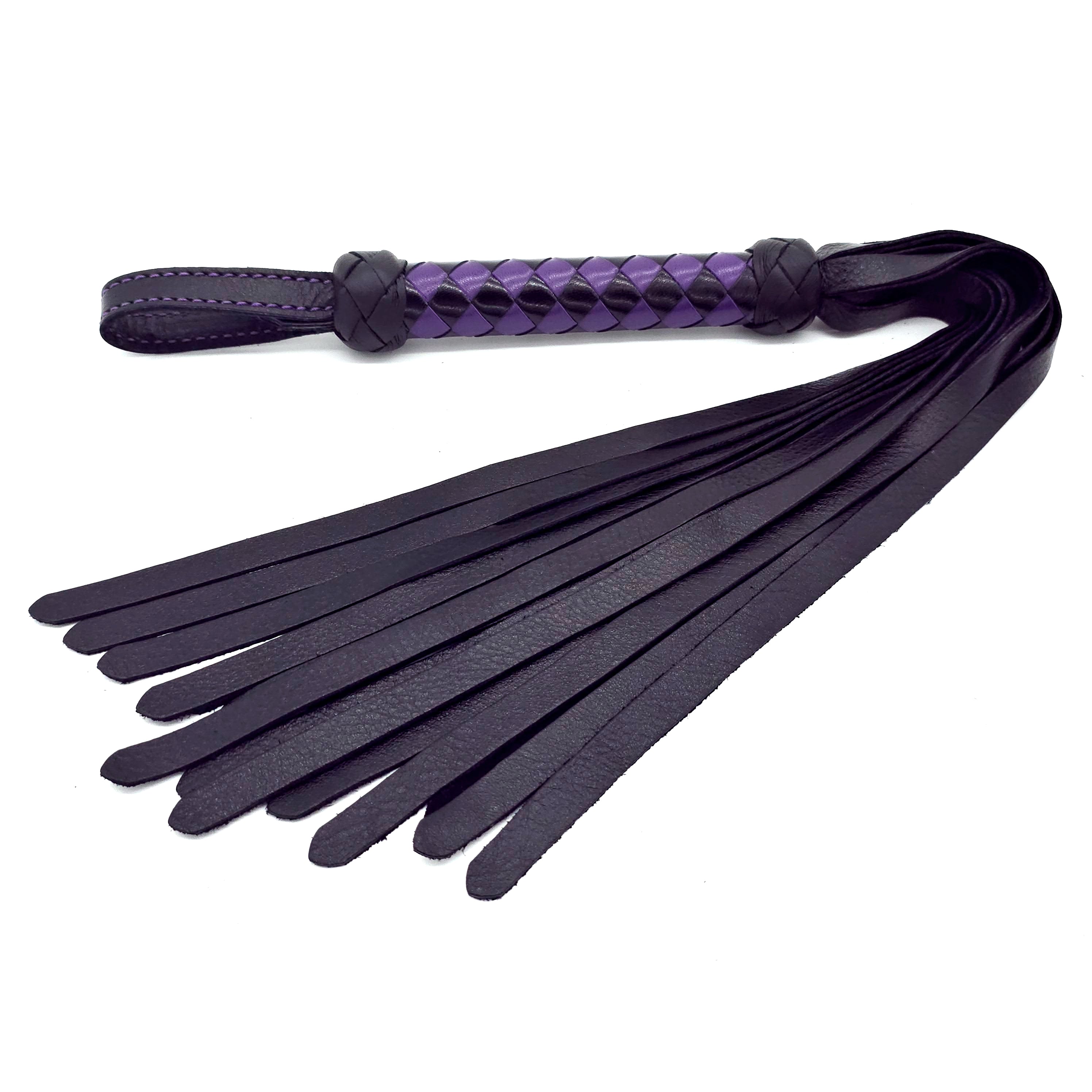 Classic Leather Flogger - Black Tails - Black and Purple Braided – 6Whips